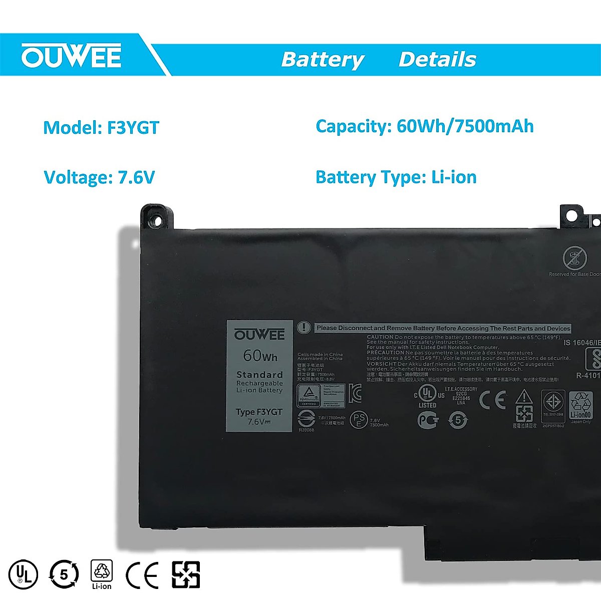OUWEE F3YGT Laptop Battery Compatible with Dell Latitude 12 7000 7280 7290 13 7380 7390 14 7480 7490 E7280 E7480 E7290 E7380 E7390 E7490 Series DM3WC 0DM3WC 2X39G 7.6V 60Wh 7500mAh