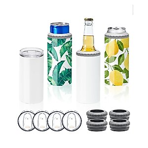 OFFNOVA 16oz Sublimation Can Cooler, 4-in-1 Sublimation Blanks Can Insulated White Stainless Steel Skinny Sublimation Tumbler, Beer Can Cooler
