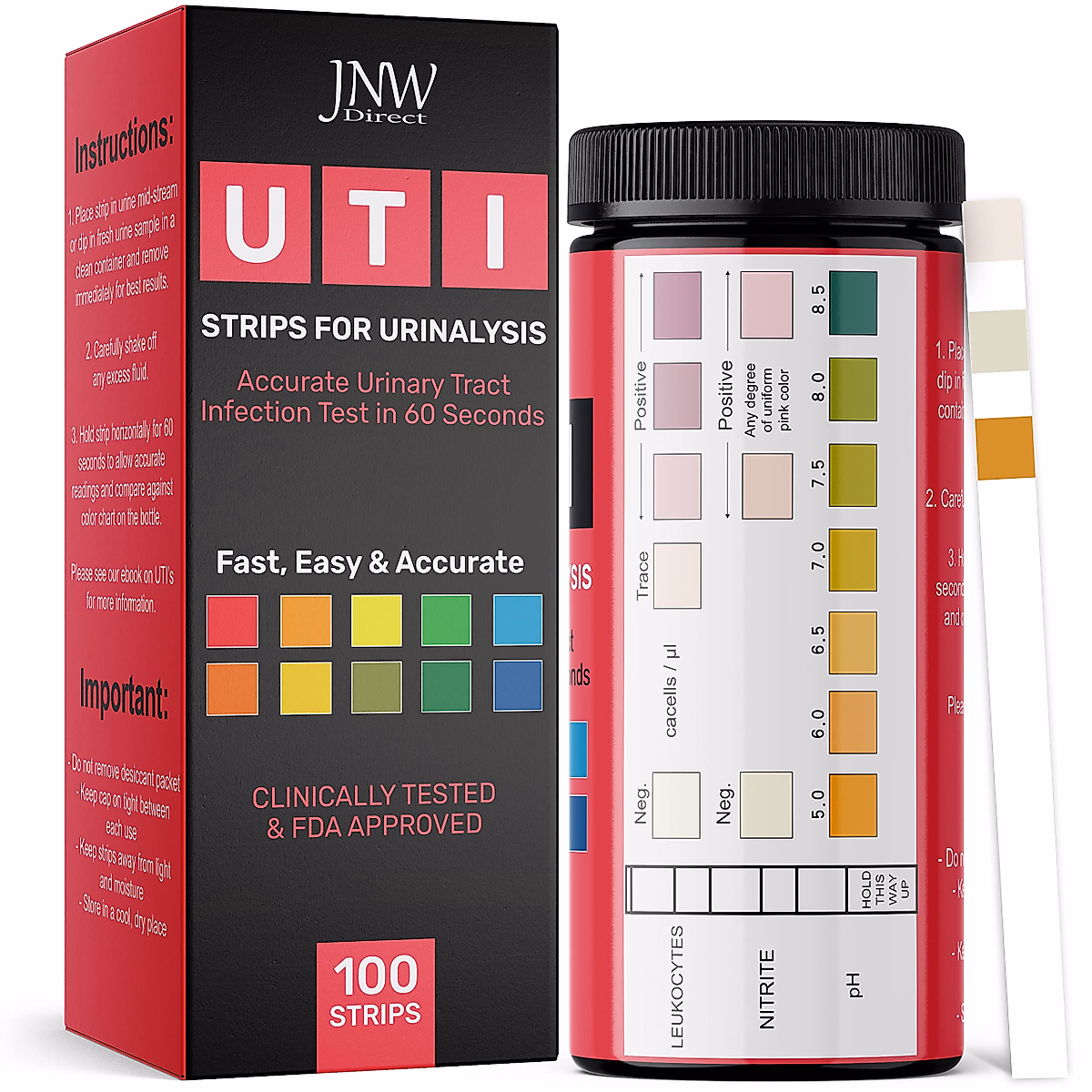 3-in-1 Urinary Tract Infection Test Strips - Home UTI Test Kit with eBook - with 100 Quick and Accurate UTI Test Strips - 100 Strips by JNW Direct