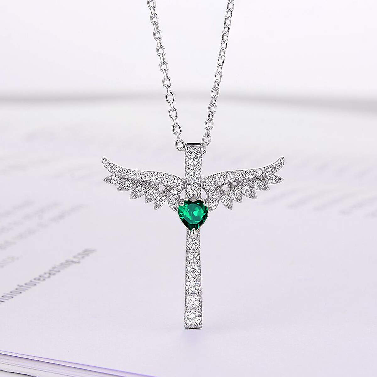 Re Besta Birthday Gifts for Wife Women May Birthstone Emerald Necklace Wife Mom Angel Wings Sterling Silver Love Heart Jewelry for Her