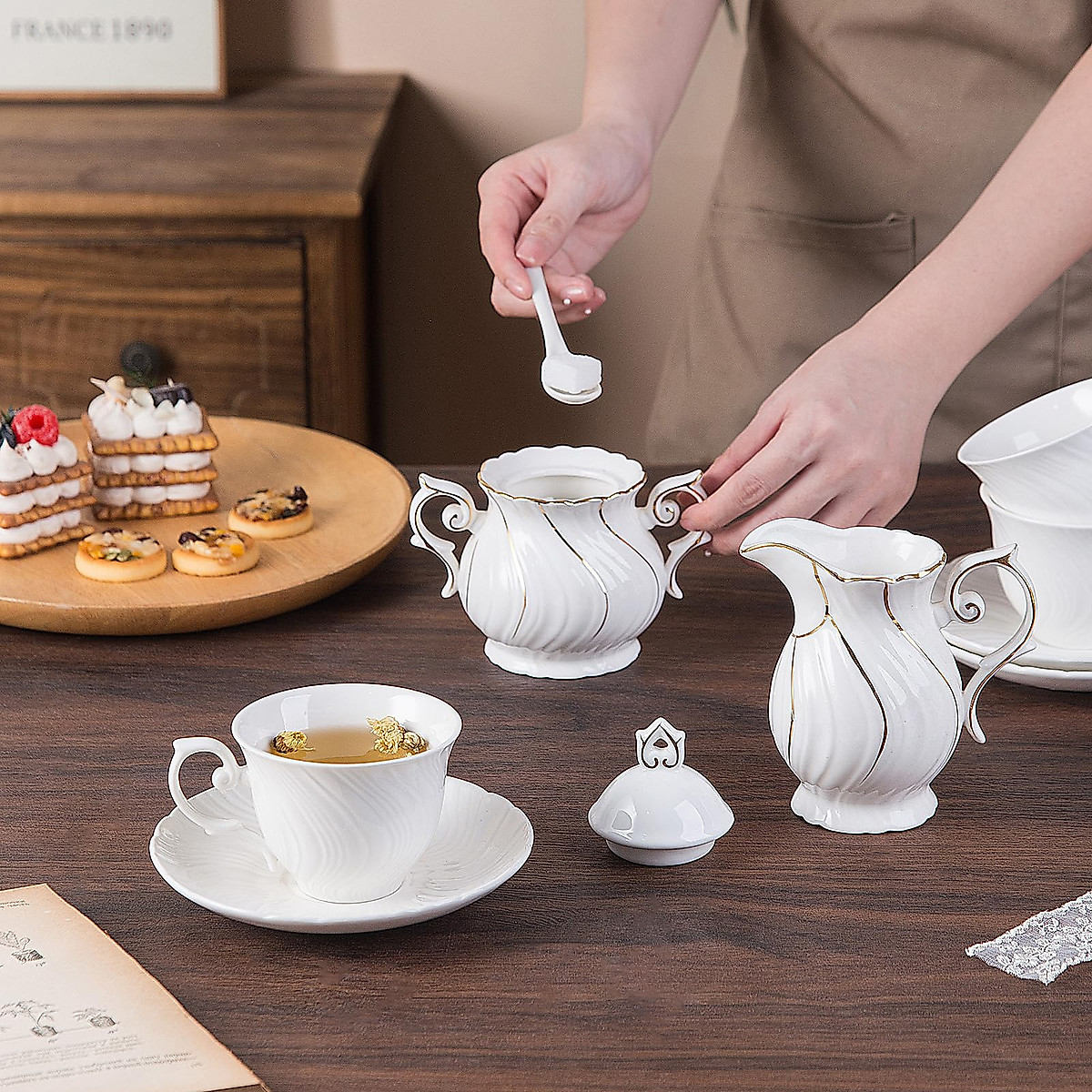 Agyiuns Tea Cups Set Of 4, Tea Cup And Saucer Set,6oz for Tea,Coffee, Latte, Cafe Mocha, Porcelain Tea Party Set (Pure white set of 4)