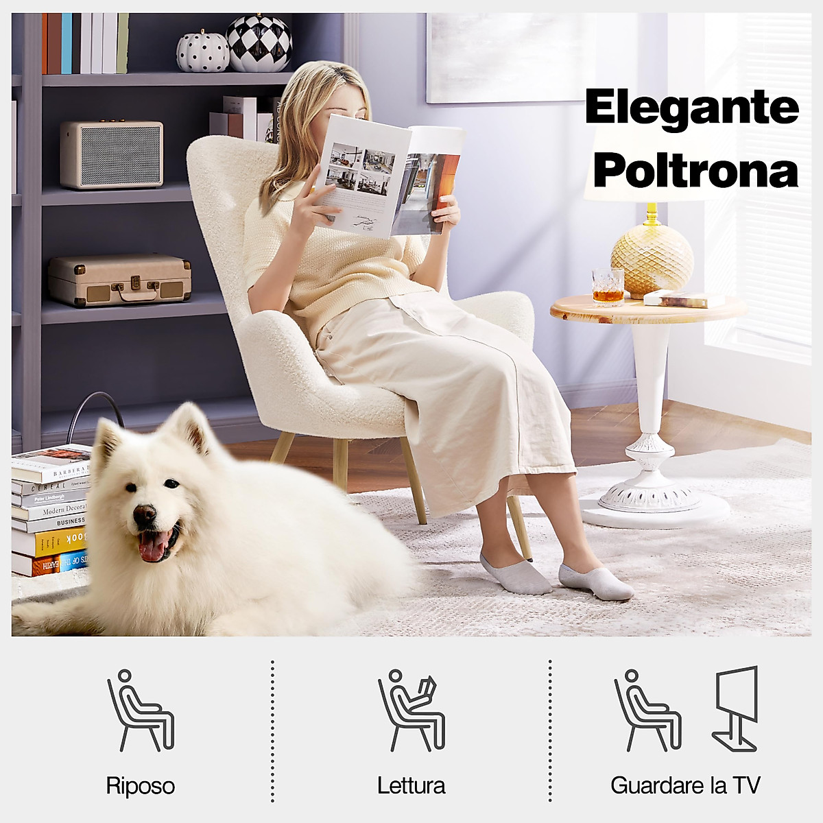 Yaheetech Accent Chair, Modern Boucle Vanity Chair with High Back and Wood-Tone Metal Legs, Sherpa Chair for Living Room, Home Office, Ivory