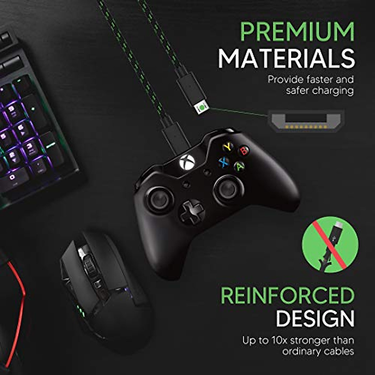 TALK WORKS Controller Charger Cord for Xbox One - 2 Pack 10 ft Nylon Braided Micro USB Charging Cable - Also Android Compatible with Samsung Galaxy, PS4