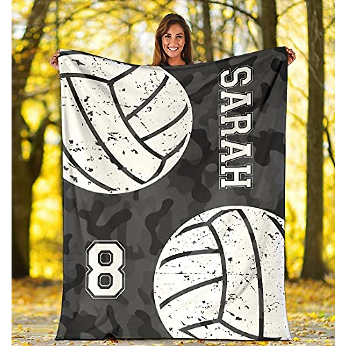 Custom Gift for Black Camo Pattern Volleyball Ball Personalized Name Number Premium Quality Sherpa Fleece Throw Blanket 3D Printed Warm Fluffy Cozy Soft Tv Bed Couch Comfy Microfiber Velvet Plush