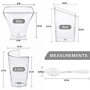 60 pack dessert cups of 3 oz, 2.5 oz and 2 oz. 3 varieties in size and shape also 20 of each shape perfect for appetizer, dessert and serving parties, plus FREE 60 spoons