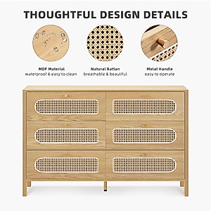 DWVO Natural Rattan 6 Drawer Dressers - Oak Wooden Dresser Chest of Drawers with Golden Handles - Modern Large Closet Boho Dressers Storage Cabinet for Living Room/Hallway/Entryway