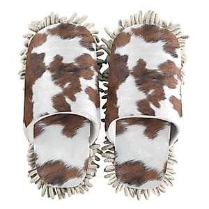Kigai Microfiber Cleaning Slippers White Brown Print Cow Washable Mop Shoes Slipper for Men/Women House Floor Dust Cleaner, Size M