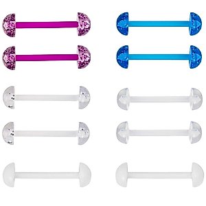 CrazyPiercing 5Pair Acrylic Tongue Rings 14G Flexible Glitter Half Ball Tongue Barbell Retainer Body Piercing Jewelry Bar Length 16mm