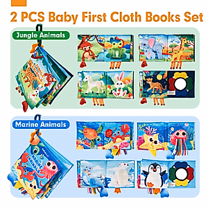 hahaland Baby Books 0-6 Months - 2 PCS Sensory Montessori Toys for Babies 0-6 Months with Crinkle Squeaky Sounds, Mirrors, Teethers - Soft Cloth Tummy Time Book Newborn Infant Toys