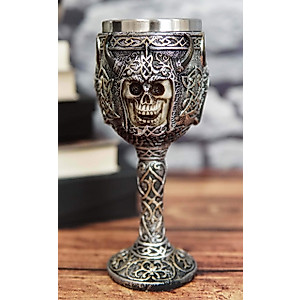 Ebros Viking Berserker Skull With Bison Horned Helmet Wine Goblet 7oz With Celtic Knotwork Patterns Vintage Chalice Cup With Food Safe Stainless Steel Liner As Halloween Ossuary Macabre Skulls Accent