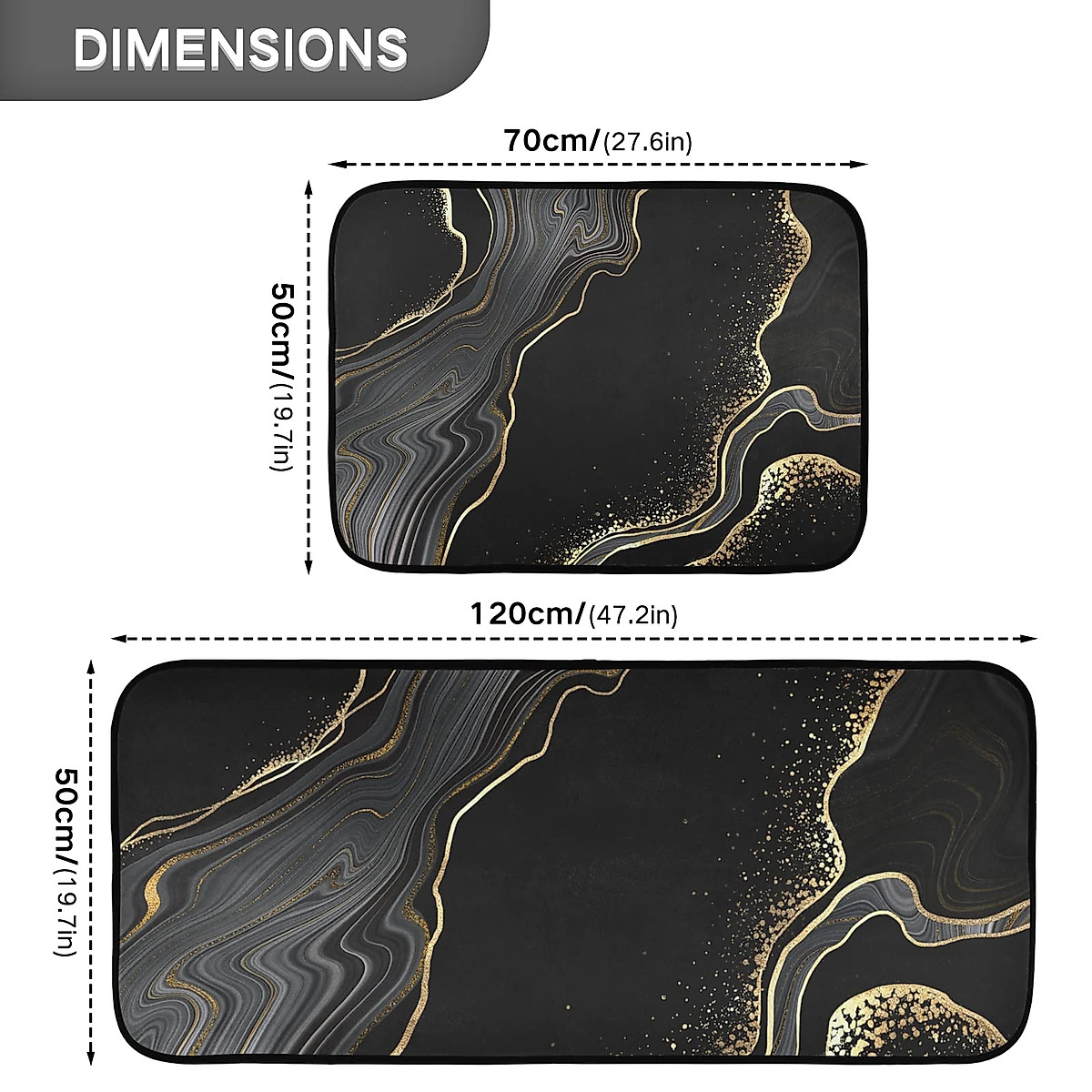 Kitchen Mats Rugs 2 Piece Set Bath Mat Antifatigue Cushioned Gold Black Marble for Floor Non Slip Washable (color4)