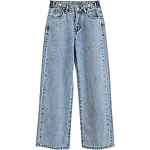 SANGTREE Girls Wide Leg Jeans Elastic Waist Denim Pants Baggy Jeans for Girls, Light Blue, 13-14 Years = Tag 170