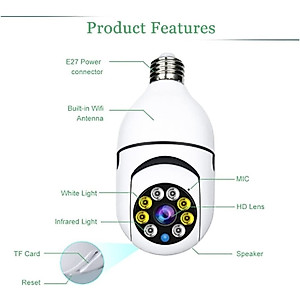 WiFi Light Bulb Camera/1080P Security Camera/2.4GHz WiFi Smart 360°Panoramic Indoor Surveillance Camera with Night Vision Motion Detection Alarm Two-Way-Talk Phone Remote View Outdoor (White-1pcs)