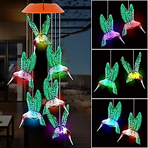 MorTime LED Solar Hummingbird Wind Chime, 25" Outdoor Hanging Wind Chime for Patio Lawn Garden Decorations, Automatic Light Changing Color