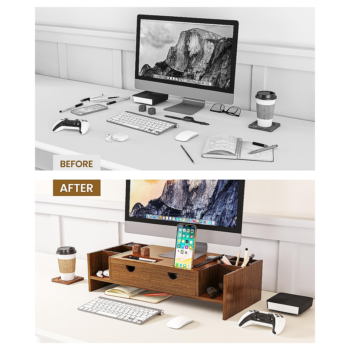 Crestlive Products Monitor Stand Riser, Bamboo Computer Desk Organizer with Adjustable Storage Drawers Laptop Cellphone TV Printer Stand, Antique Brown