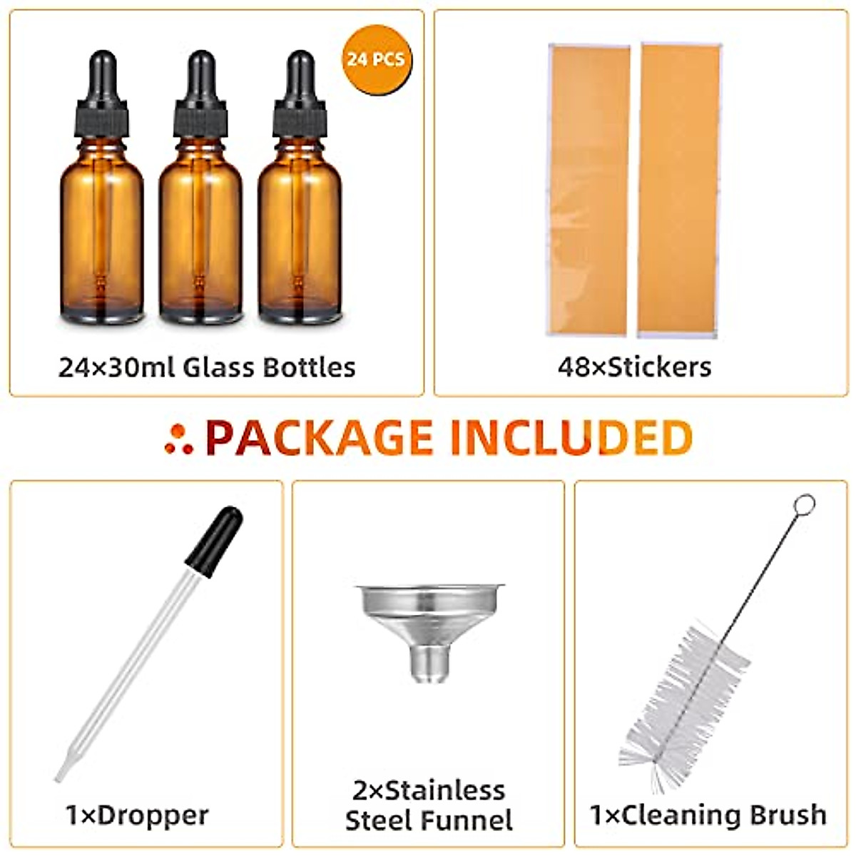 Cibeat 24 Pack 1oz Amber Glass Eye Dropper Bottle with 2pcs Stainless Steel Funnels and Long Glass Dropper and Cleaning Brush - 30ml Leakproof Travel Bottles for Liquids Like Essential Oils