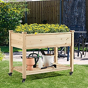Yaheetech Wooden Raised Garden Bed with Wheels Flower Planter Boxes Elevated Vegetables Growing Bed for Grow Herbs and Vegetables 42x23x33in