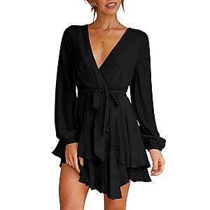 Womens Skater Dress Deep V-Neck Lantern Sleeve Tie Waist Ruffle Mini Dress Black L