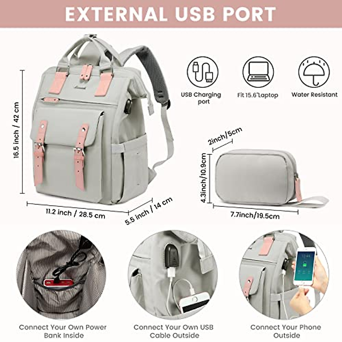 LOVEVOOK Laptop Backpack for Women Work Travel Commuter Backpack Purse, College Nursing Backpack Business Computer Bag Doctor Nurse Bags, 15.6 Inch, Light Grey-pink