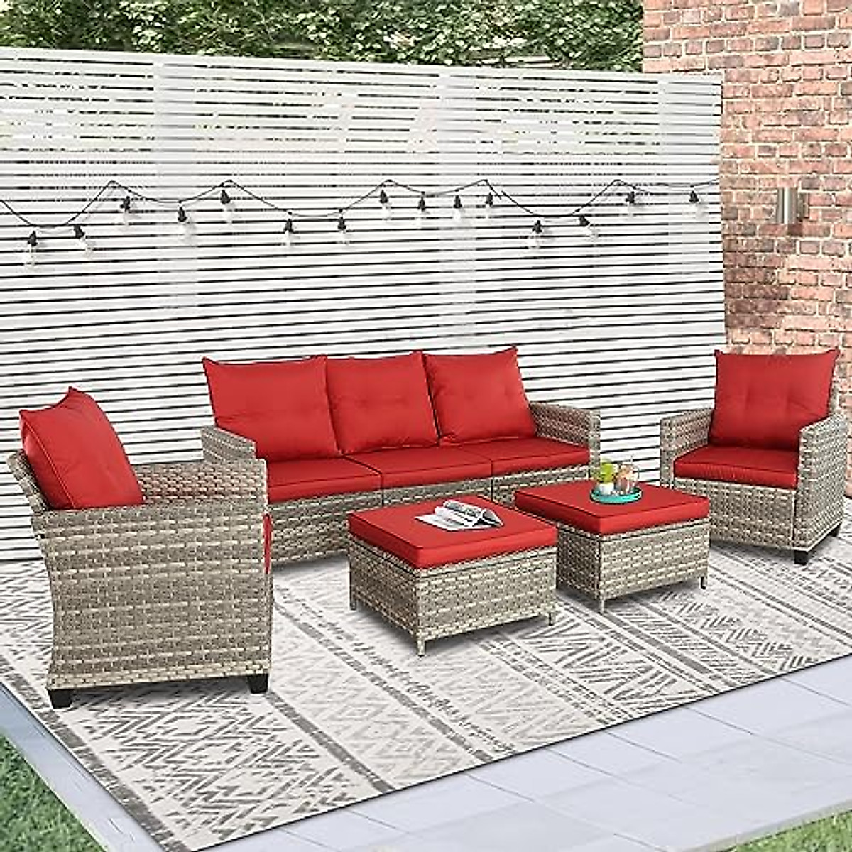 HTTH Patio Furniture Sets PE Rattan Wicker Outdoor Conversation Set Patio Sectional Sets Patio Sofa Couch Set with 2 Ottomans for Porch, Balcony, Lawn (Gray-Red)