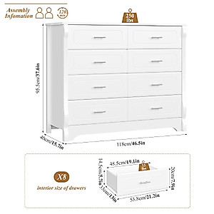 HITHOS 8 Drawer Dresser for Bedroom, White Dresser, 47" Wood Dresser & Chest of Drawers, Modern Double Storage Dresser Cabinet with Deep Drawers | Metal Handles for Living Room, Hallway, Entryway