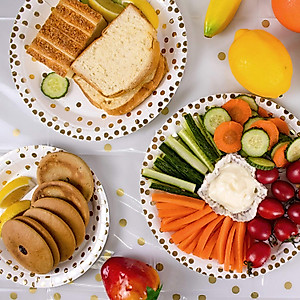 hapray 193 PCS Disposable Paper Plates Gold Party Supplies, Golden Polka Dots Birthday and Baptism Decorations, include Plates and Cups, Napkins, Plastic Tablecloth for Baby Shower Wedding Christmas