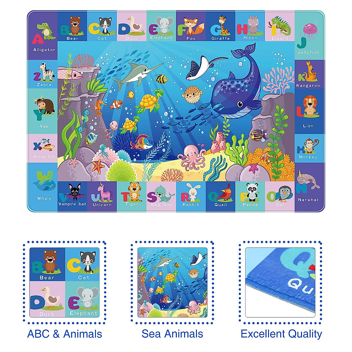 LTKOUGFAM Kids Play Rug, Animals Print Baby Mat for Floor, Kids Rug for Playroom, ABC Educational Rug, Non-Toxic Soft Baby Crawling Mat, Tummy Time Mat, Nursery Rugs (Blue, 78.7X59 INCH)