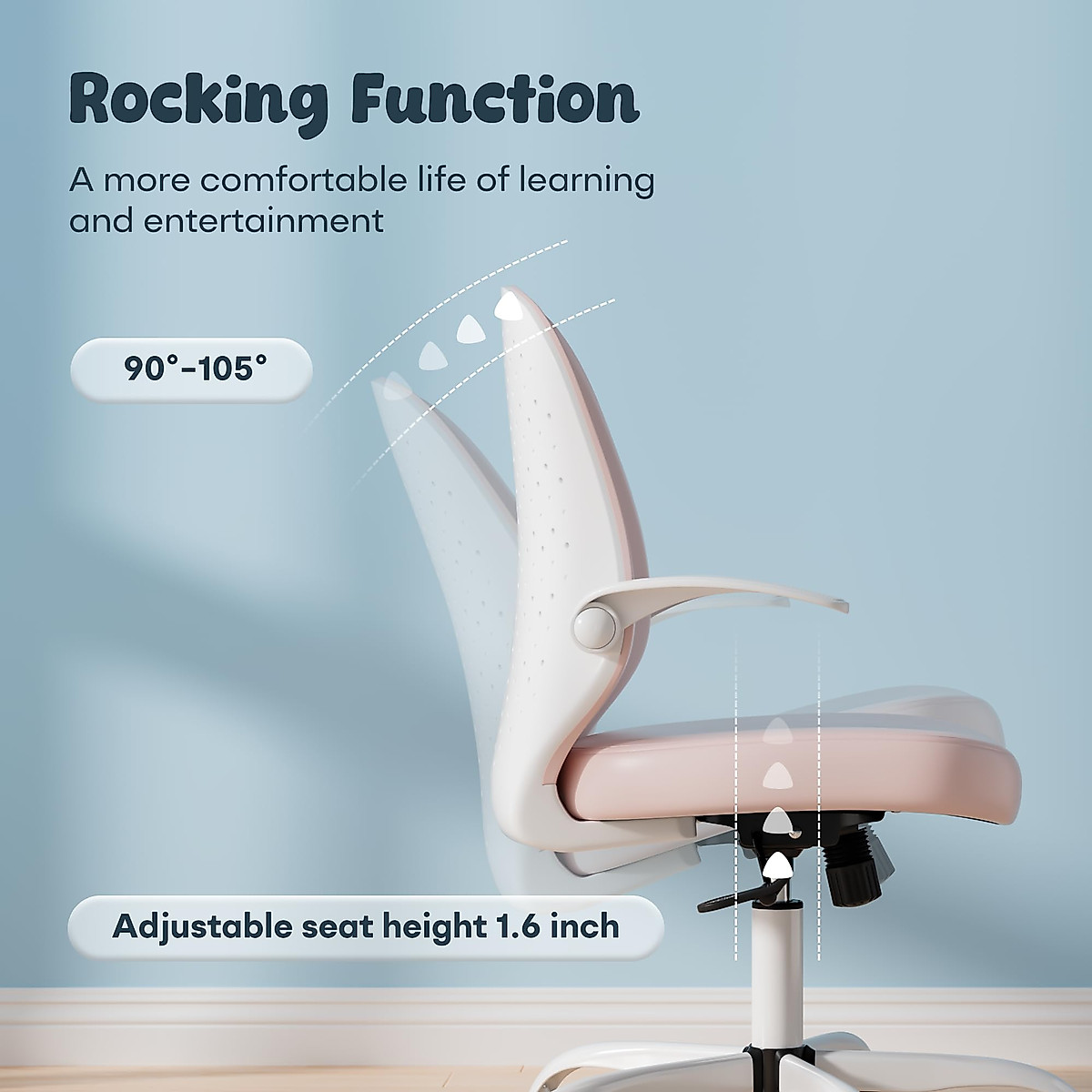 Kids Desk Chair with Arms and Wheels, Pink Ergonomic Leather Comfy Office Chair with Flipping Armrests, Study Chair for Girls and Boys, Small and Cute Adjustable Height Computer Desk Chair