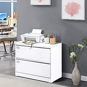 Bonusall Lateral File Cabinet 2 Drawer, Metal Lateral Filing Cabinet with Lock, Locking Organizer Filed Drawer Cabinet for Letter/Legal / A4 / F4 Size for Home Office, Sturdy Steel, White