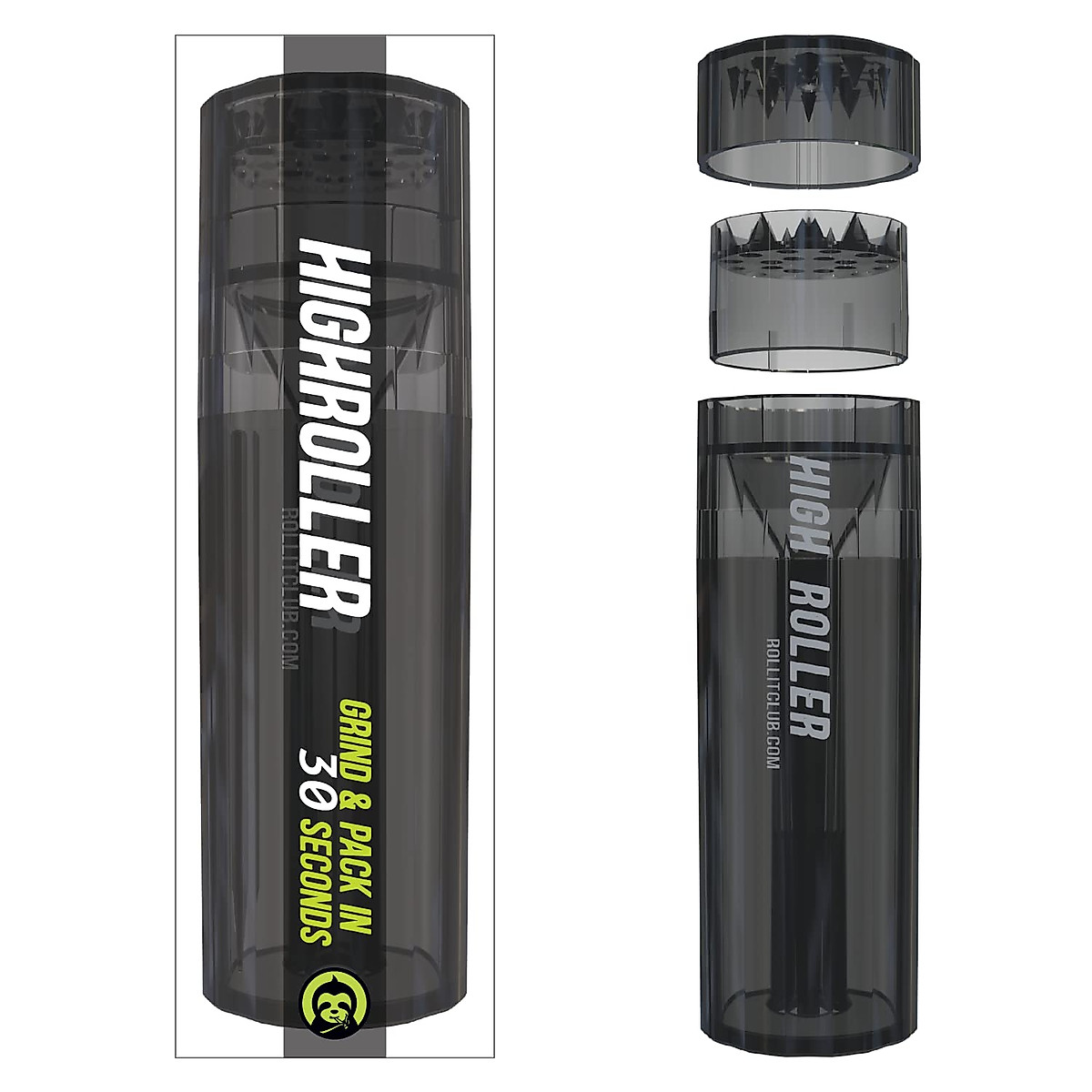 CLEAR HIGHROLLER Herb Grinder & Cone Loader | Portable Pre Roll Cone Filler | Grey