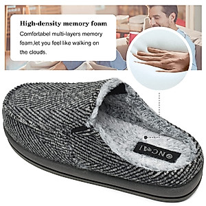 ONCAI Slipper for Men with Arch Support,Cotton-Blend Memory Foam House Slippers for Men Warm Strips Fluff Plush Wool-like Clogs with Rubber Sole Grey Size 10