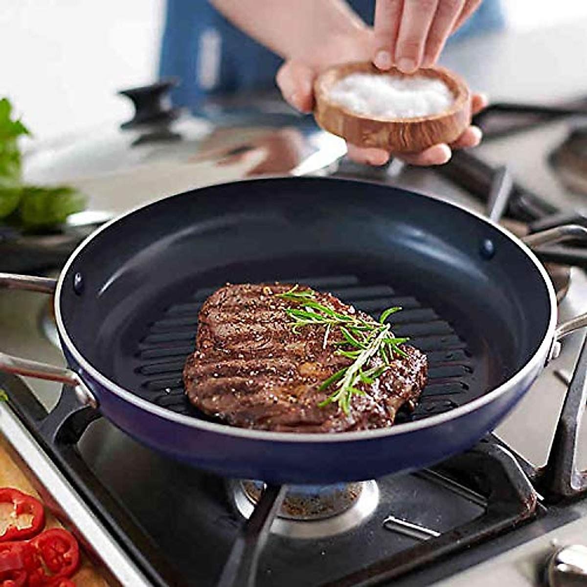 Blue Diamond Grill Genie Pan - Ceramic Nonstick 11-Inch Covered in Blue