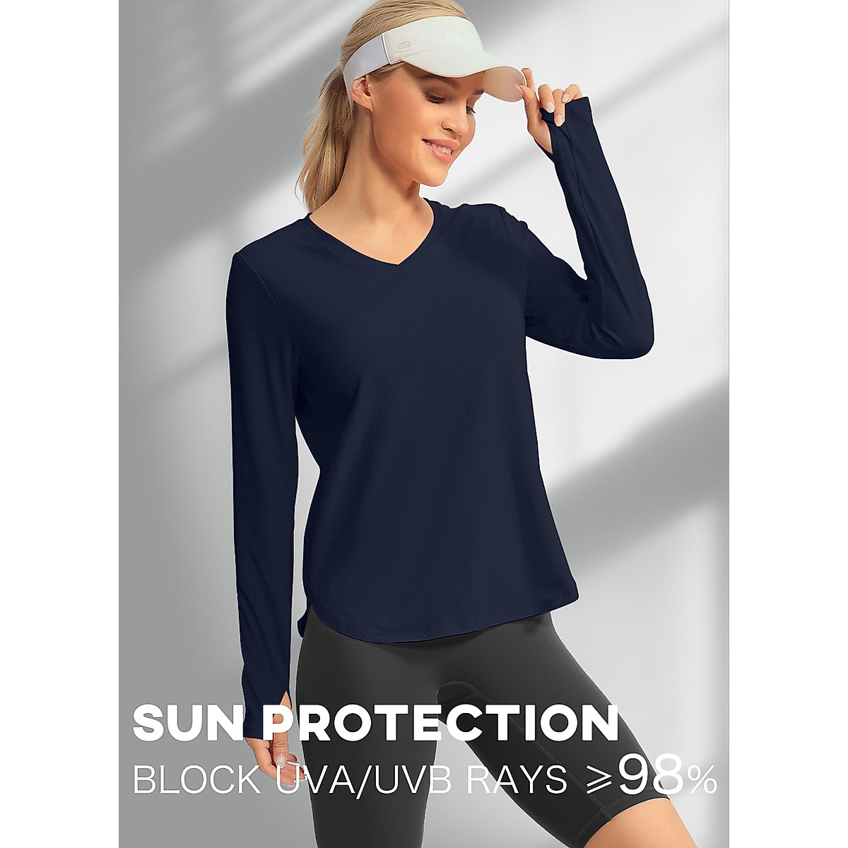 Hiverlay Long Sleeve Workout Shirts for Women V Neck UPF 50+ Athletic Shirts with Thumbhole Running Loose Active T-Shirts Navy Blue m