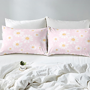 White Daisy Kids Fitted Sheet Full Size,Flowers Plants Rustic Farmhouse Bedding Set,Girls Boys Adults Room Decor,Botanical Florals Theme Bed Cover,Pink Romantic Bed Sheet,2 Pillowcases（Not Flat Sheet）