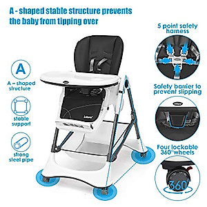 INFANS High Chair with One-Hand Removable Tray, 4 Lockable Wheels & Large Storage Basket - Multi-Adjustable Height, Recline & Footrest, Removable Cushion, Foldable for Baby, Infant& Toddler, Grey