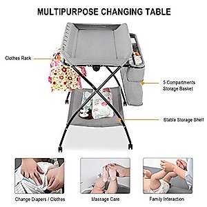 JOYMOR Portable Diaper Changing Station,Folding Baby Changing Table for Infant, Moblie Diaper Changing Table with Wheels, Large Storage Basket ＆ Shelf Portable Nursery Organizer (Grey)