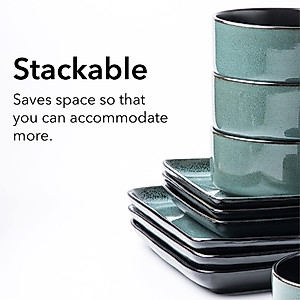 Arora FLACKAR Square Stoneware 16pc Dinnerware Set for 4, Dinner Plates, Side Plates, Cereal Bowls, Mugs - Reactive Glaze Turquoise (497248)