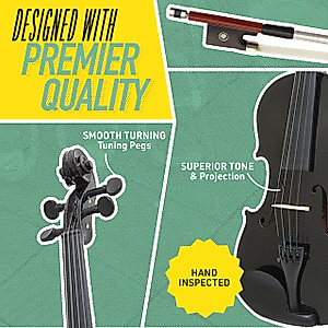 Mendini By Cecilio Violin For Kids & Adults - 4/4 MV Metallic Black Violins, Student or Beginners Kit w/Case, Bow, Extra Strings, Tuner, Lesson Book - Stringed Musical Instruments (Renewed)