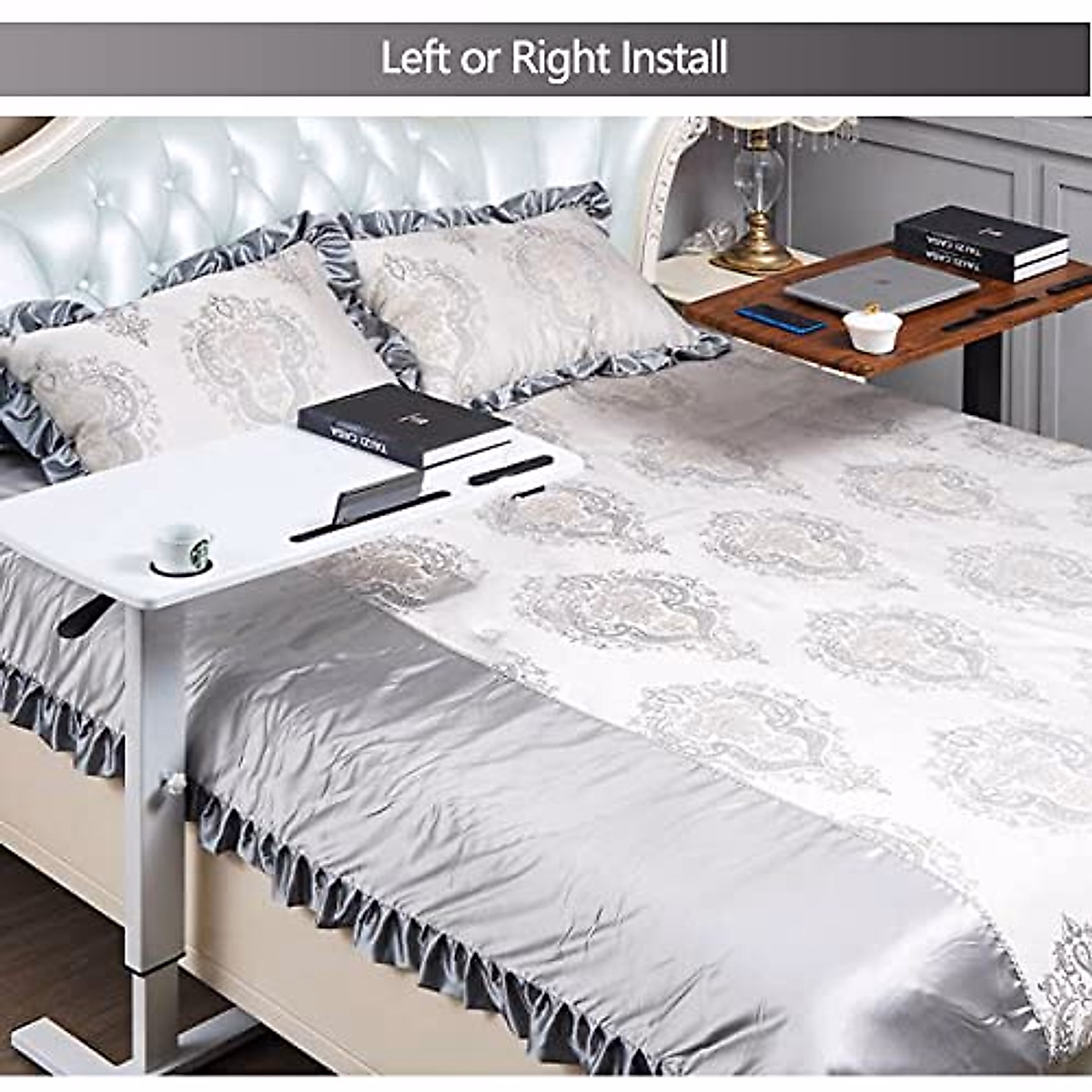 BeGyoku Overbed Table,Hospital Bed Table,Pneumatic Bed Tables Adjustable Over The Bed with Hidden Wheels&USB Port,Mobile Laptop Table Cart and Rolling Bedside Table with Tray Hospital Home Use-White