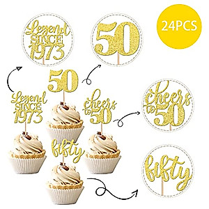 24 PCS Happy 50th Birthday Cupcake Toppers Glitter Fifty Cheers to 50 Legend Since 1973 Cupcake Picks for 50th Birthday Wedding Anniversary Party Cake Decorations Supplies Gold