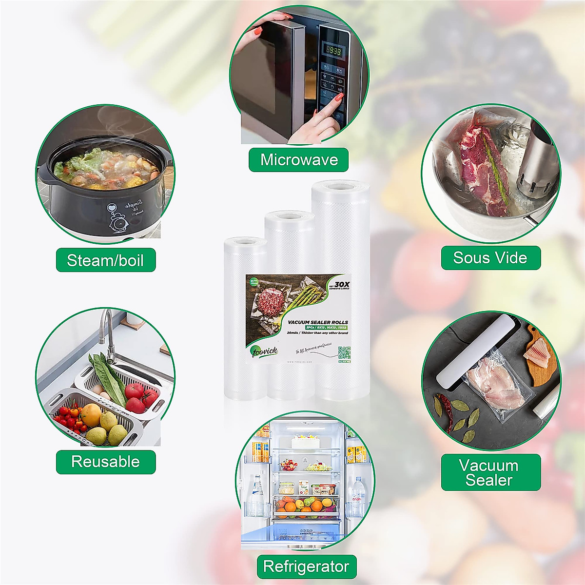 Foovick Vacuum Sealer Bags - Pack of 3 Vacuum bags with 30 Label Sheets, Perfect Sous Vide Bags for Food Saving - Sizes 8 in x 12ft, 10 in x 12ft, 11 in x 12ft