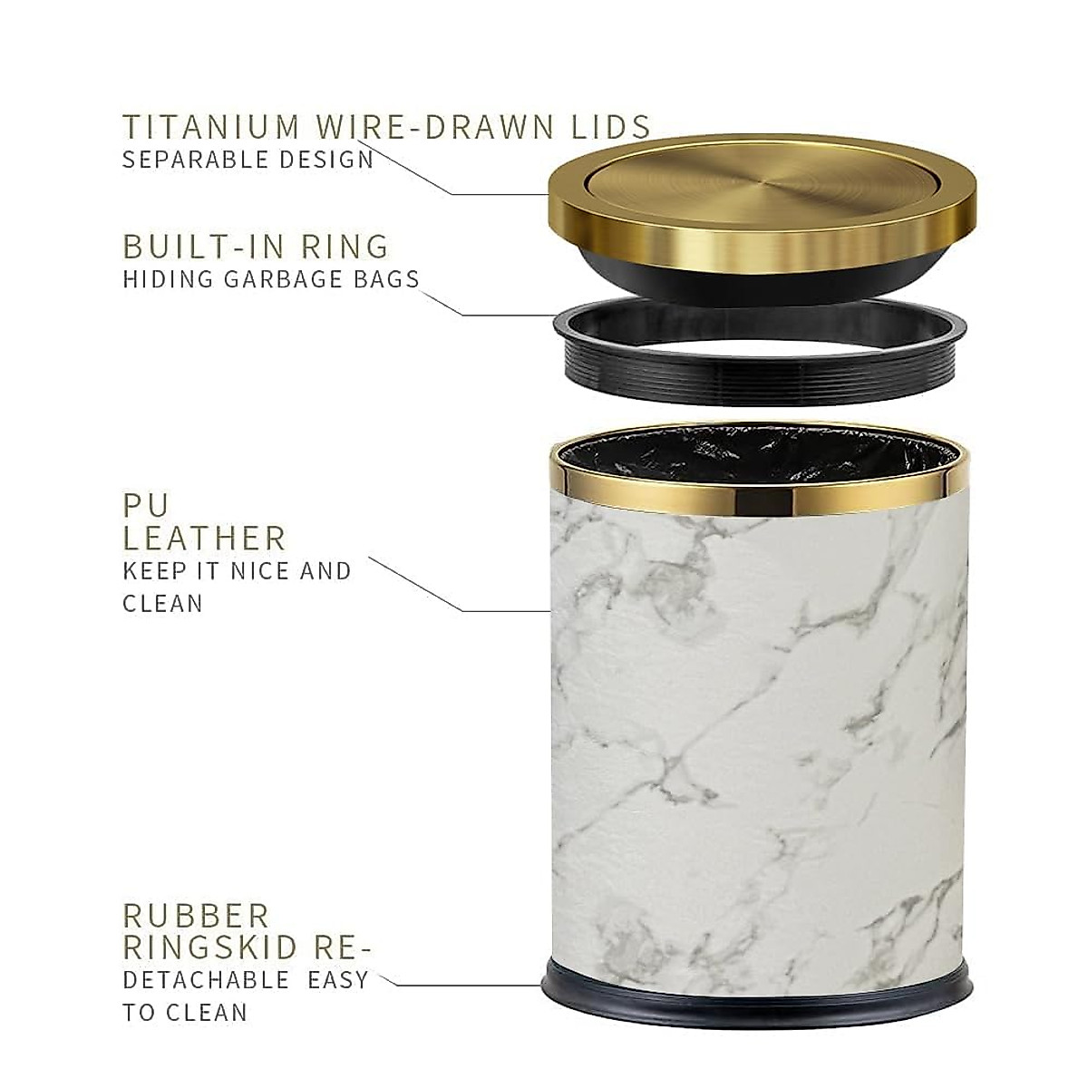 LEASYLIFE 15L4gallon,Leather Trash can,Bathroom Garbage can with lid,Trash Can with Flipping Lid,Garbage cans for Kitchen，Living Room. Metallic Gold (Marble)