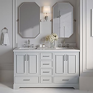 ARIEL Stafford 60" Grey Bathroom Vanity Base Cabinet, Double Sink Configuration, 4 Soft Closing Doors, 6 Full Extension Dovetail Drawers, Brushed Nickel