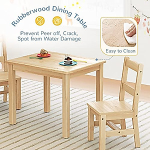 Curipper Rubberwood Kids Table and 2 Chair Set, Water Resistant Toddler Table and Chair Set, Non-Slip Pad and Waterfall Edge, Easy to Clean,Ideal Children Table Set for Bedroom, Playroom,Natural Wood