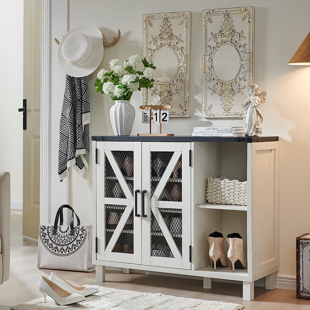 ACCOHOHO Farmhouse Shoe Cabinet, Large Shoe Storage Cabinet with Metal Accents & Adjustable Shelves, Industrial Wood Shoe Organizer Cabinet, Rustic Shoe Rack Cabinet for Entryway, Off White