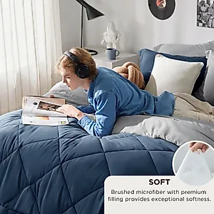 Bedsure Full Size Comforter Set - 7 Pieces Reversible Navy Bedding, Full Size Bed Set for All Seasons, Bed in a Bag with Down Alternative Comforter, Sheets, Pillowcases & Shams