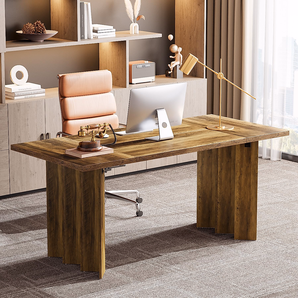 Tribesigns Modern Executive Desk, 62.2" Office Computer Desk, Mid-Century Modern Desk with Legs, Simple Writing Desk Workstation Business Furniture for Home Office, Brown Oak