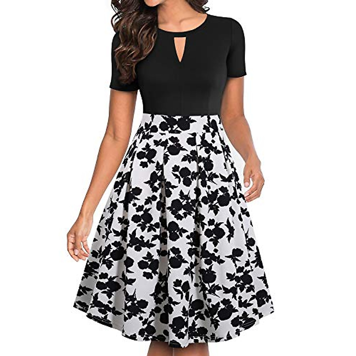 YATHON Women's Vintage Floral Flared A-Line Swing Casual Party Dresses with Pockets (S, YT018-Black White Flo)