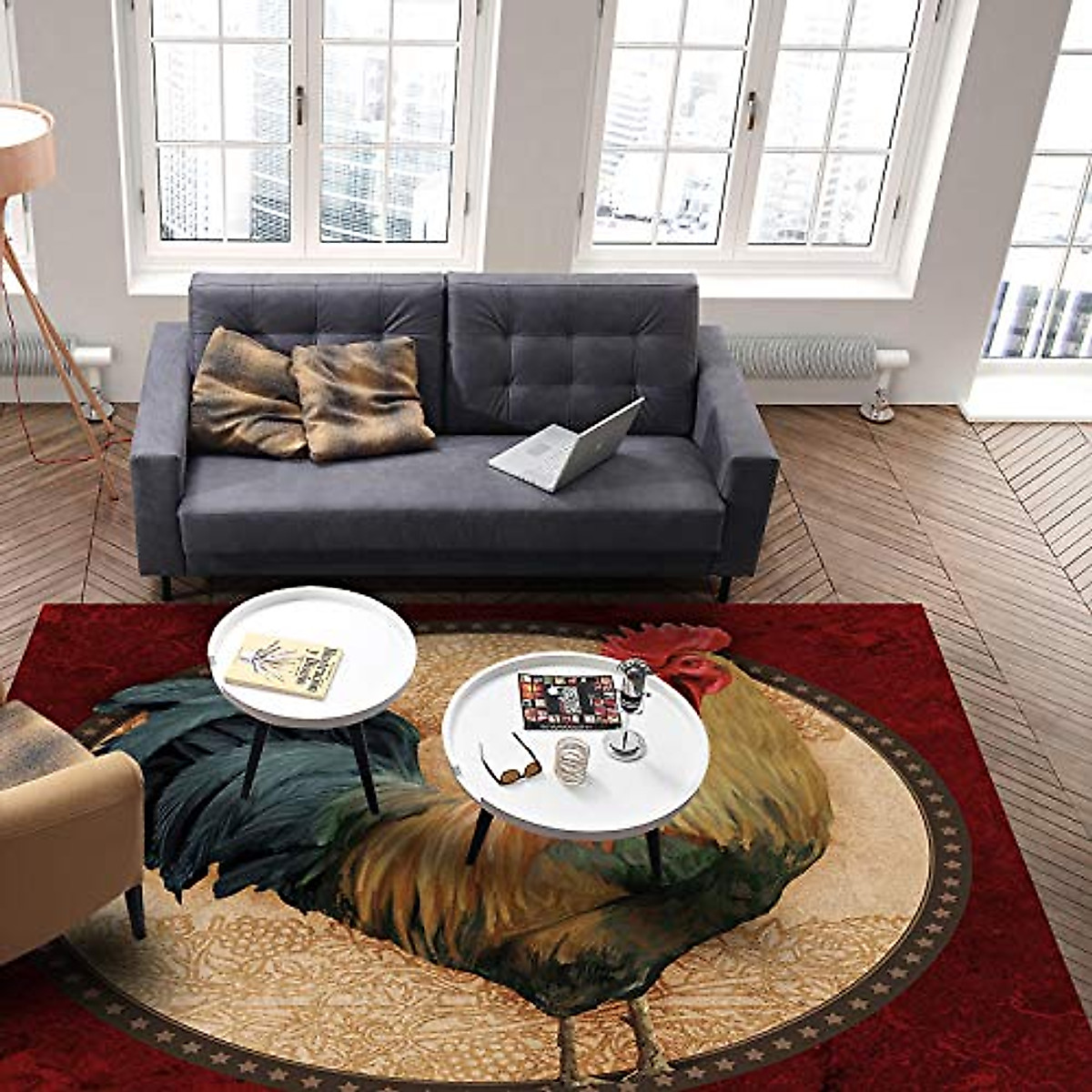 Rustic Rooster Marble Pattern Area Rug for Bed Room, 3' x 5' Indoor Accent Rugs Non-Skid Kitchen Runner, Farmhouse Red Round Bathroom Rugs Modern Floor Mats Washable Throw Carpet