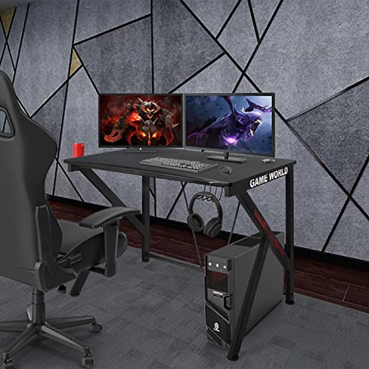 LYNSLIM Gaming Desk 39 Inch – Computer Deak for Home, K Shaped PC Gaming Table, Ergonomic Gamer Desk with Headphone Hook, Cup Holder and Cable Management (Black)
